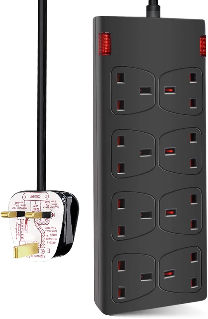Wall Mounted Black 8-Way Extension Lead with Indicator Light, 13A Fuse ...
