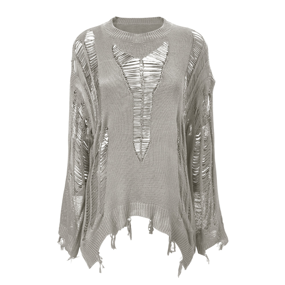 Hollow Out Distressed Oversized Knit Sweater with Long Sleeves, CC0602 ...